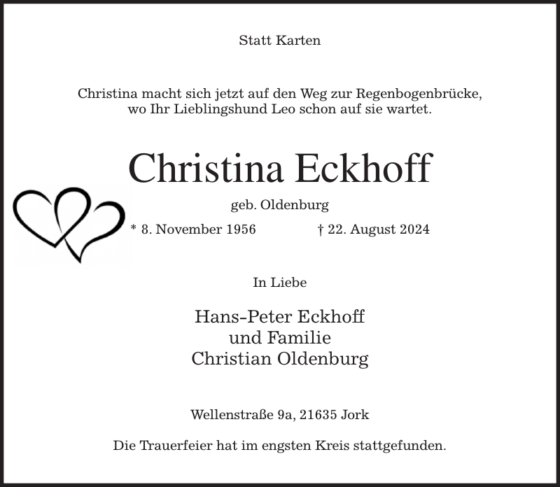 Christina Eckhoff: Traueranzeige : Stader Tageblatt