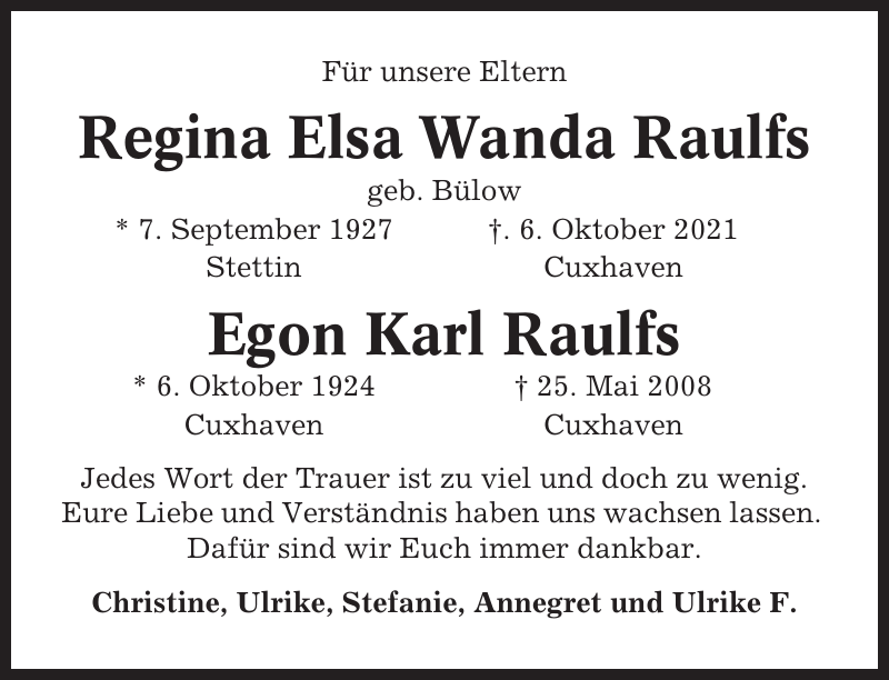 Regina Elsa Wanda Raulfs und Egon Karl Raulfs: Gedenken : Cuxhavener ...