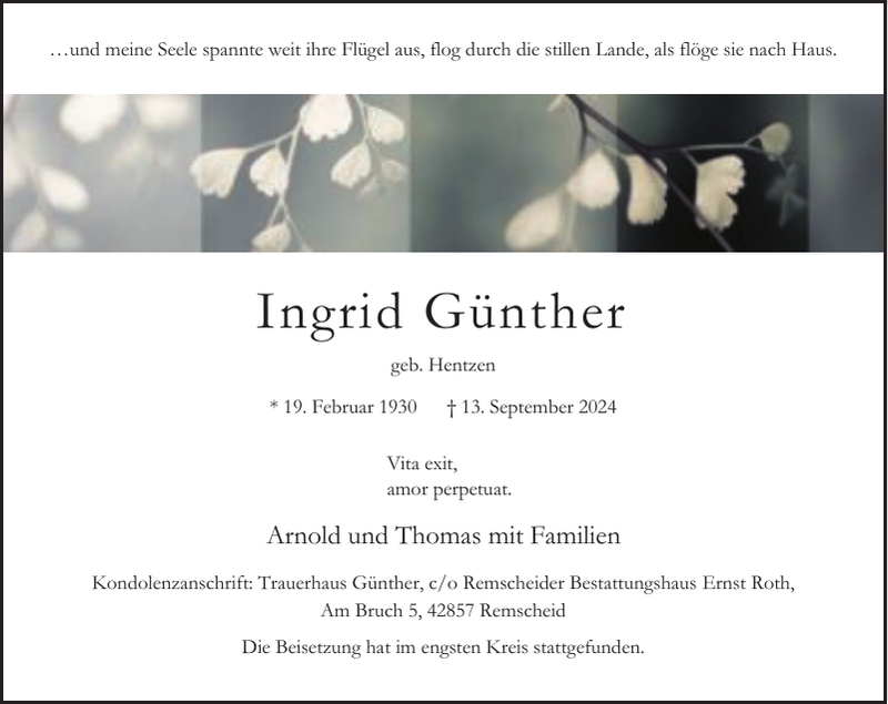 Ingrid Günther: Traueranzeige : Remscheider General-Anzeiger