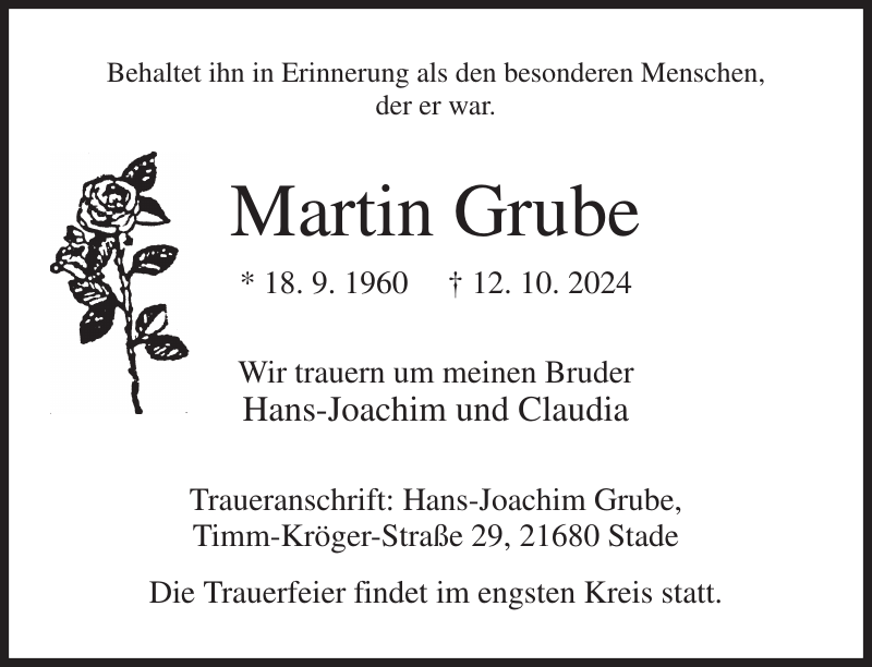 Martin Grube: Traueranzeige : Stader Tageblatt