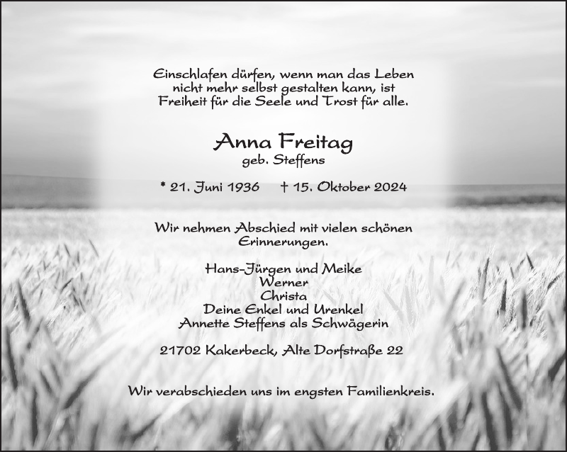 Anna Freitag: Traueranzeige : Stader Tageblatt