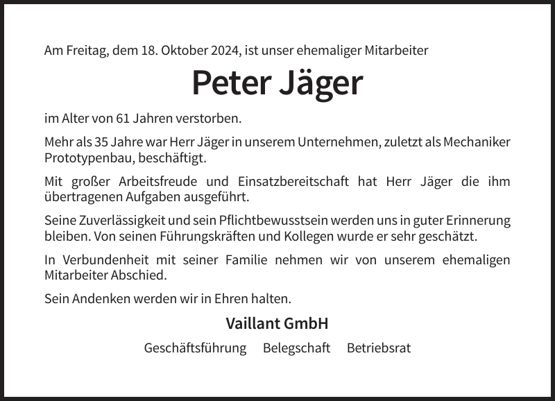 Peter Jäger: Traueranzeige : Remscheider General-Anzeiger