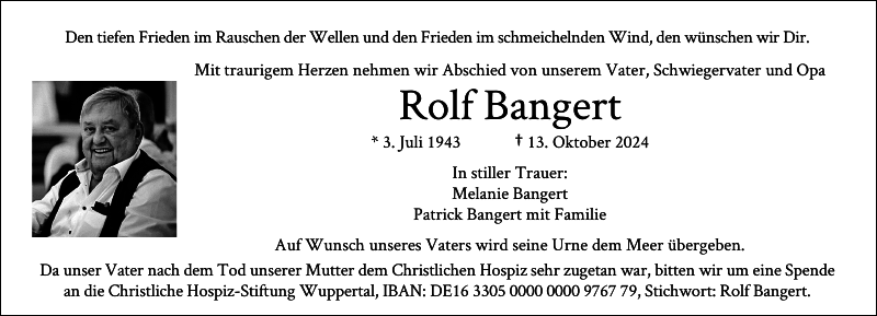 Rolf Bangert: Traueranzeige : Westdeutsche Zeitung
