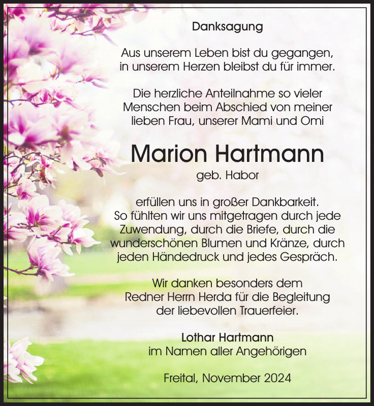 Marion Hartmann: Traueranzeige : Sächsische Zeitung