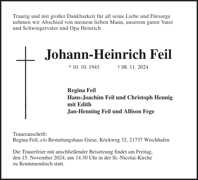 Johann-Heinrich Feil: Traueranzeige : Stader Tageblatt