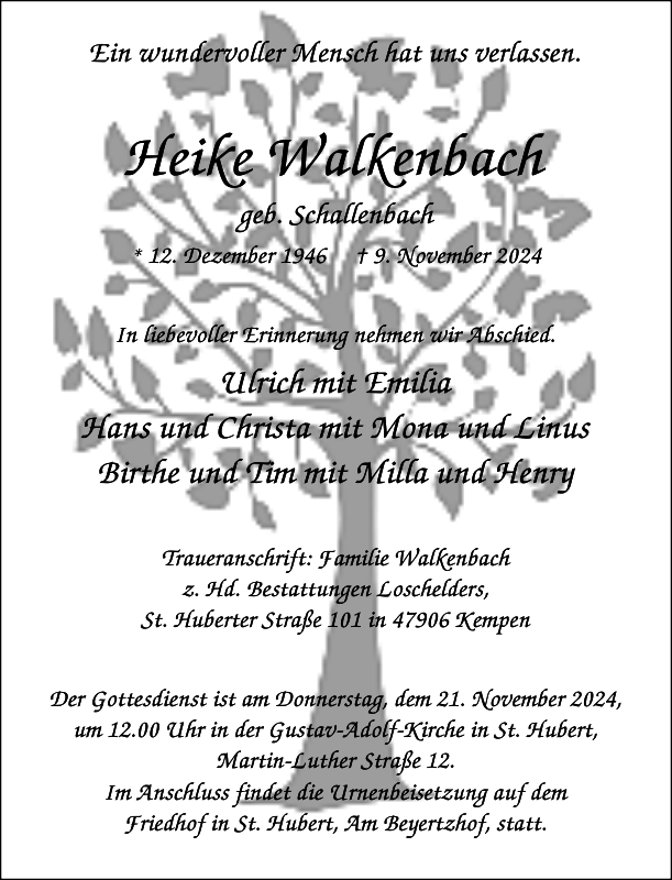 Heike Walkenbach: Traueranzeige : Westdeutsche Zeitung