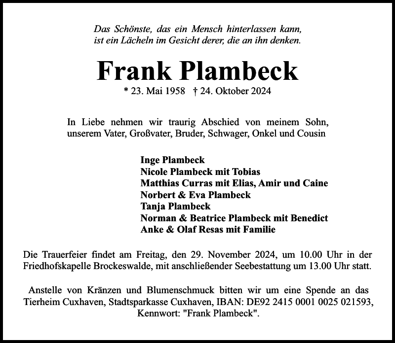 Frank Plambeck: Traueranzeige : Cuxhavener Nachrichten