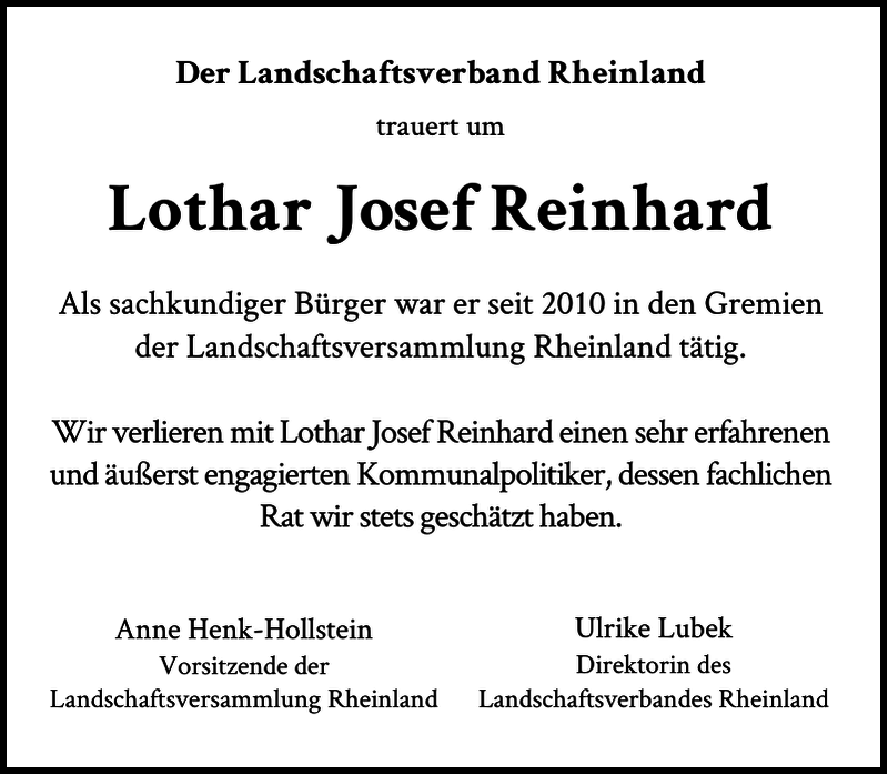 Lothar Josef Reinhard: Nachruf : Westdeutsche Zeitung