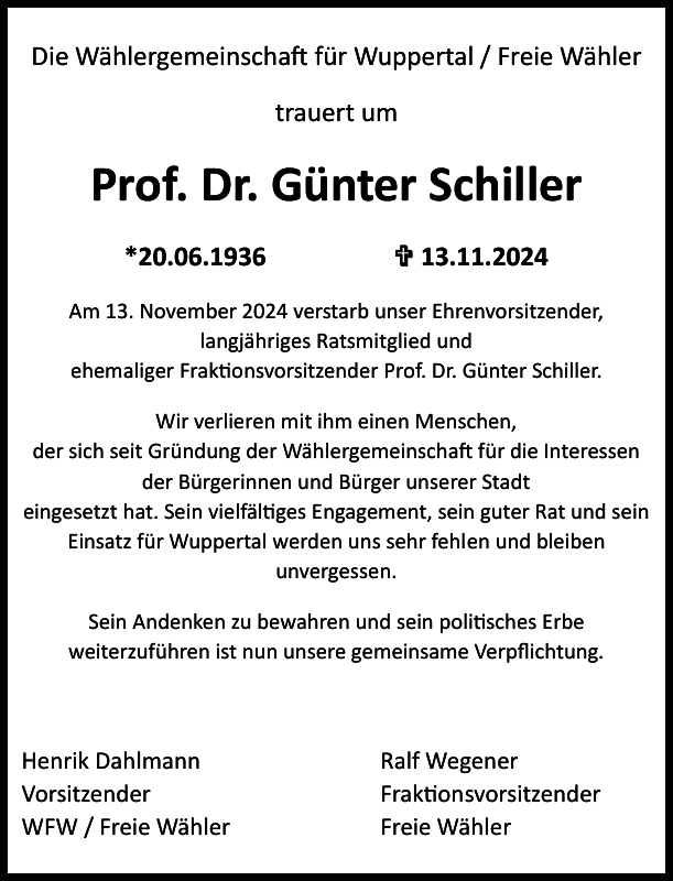 Prof. Dr. Günter Schiller: Nachruf : Westdeutsche Zeitung