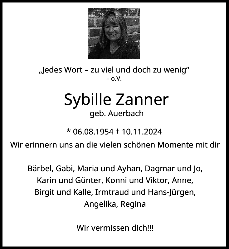 Sybille Zanner: Traueranzeige : Westdeutsche Zeitung