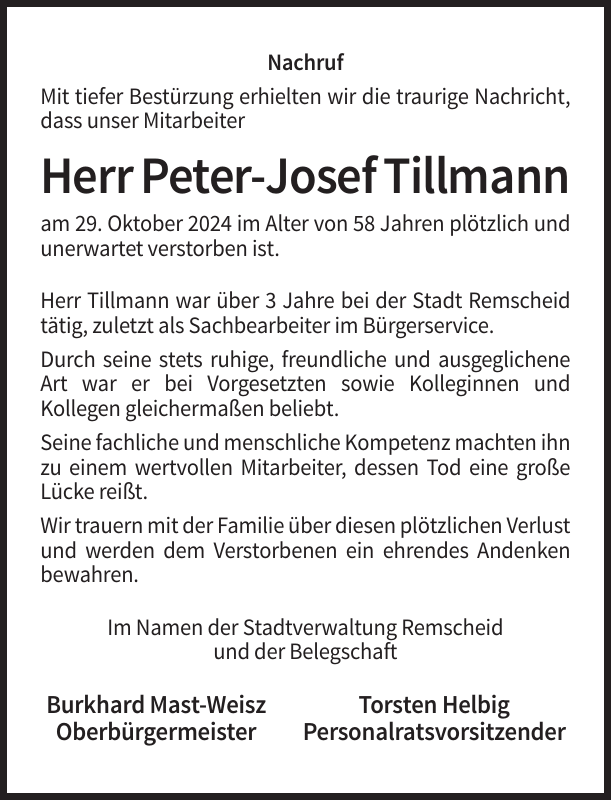 Peter-Josef Tillmann: Traueranzeige : Remscheider General-Anzeiger