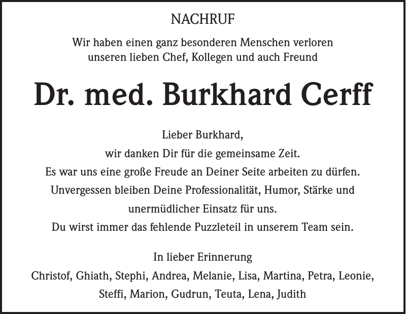 Burkhard Cerff: Traueranzeige : Badische Zeitung