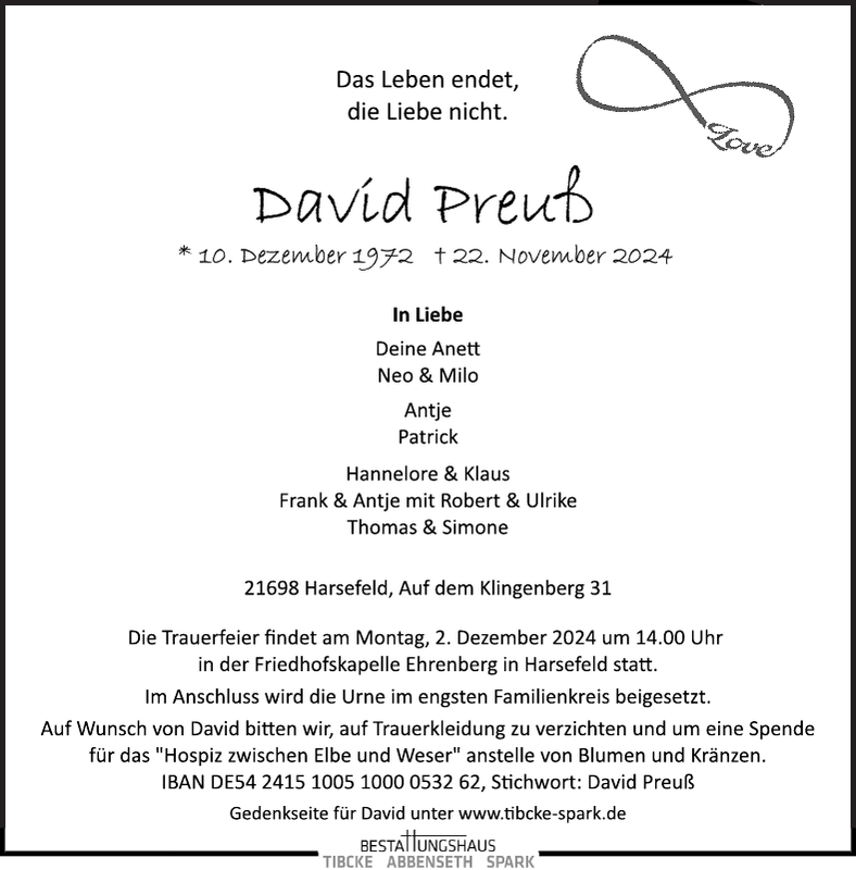David Preuß: Traueranzeige : Stader Tageblatt