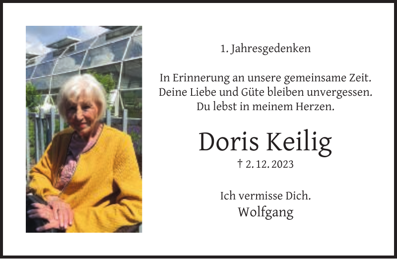1. Jahresged. Doris Keilig: Traueranzeige : Remscheider General-Anzeiger