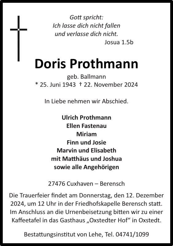 Doris Prothmann: Traueranzeige : Cuxhavener Nachrichten