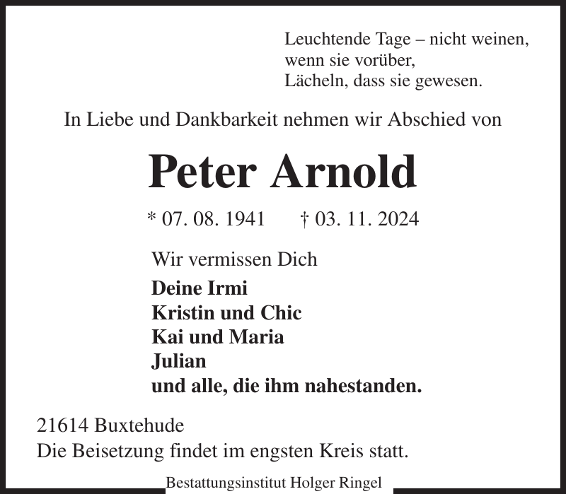 Peter Arnold: Traueranzeige : Stader Tageblatt