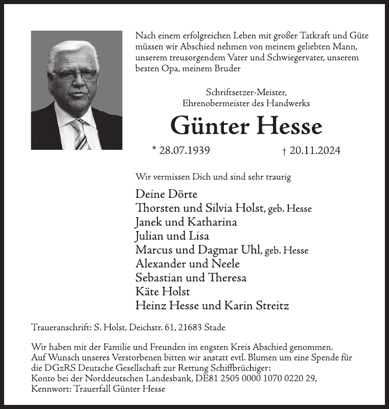 Günter Hesse: Traueranzeige : Stader Tageblatt
