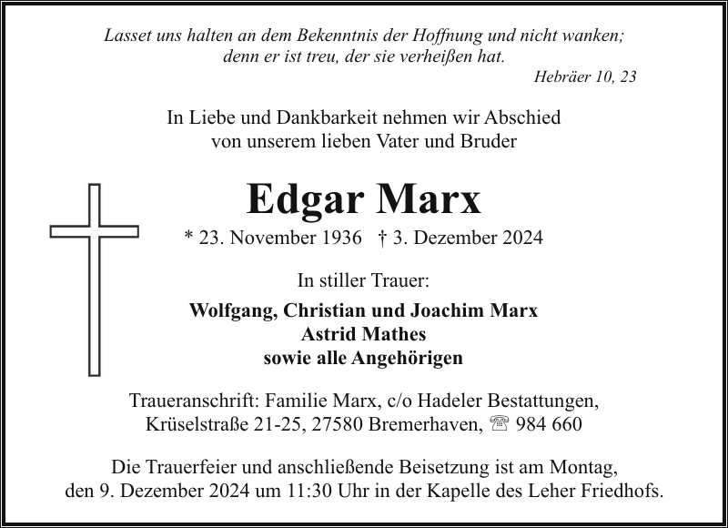 Edgar Marx: Gedenken : Nordsee-Zeitung