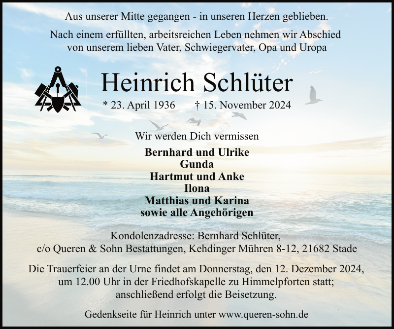 Heinrich Schlüter: Traueranzeige : Stader Tageblatt