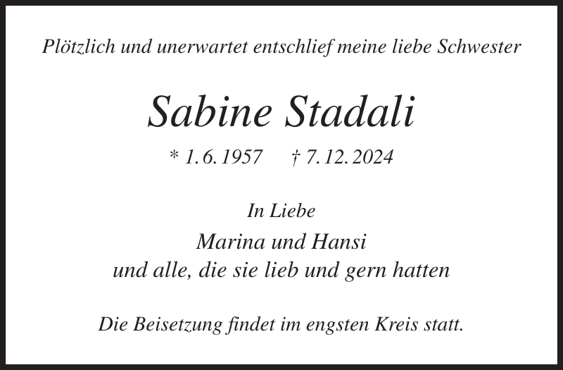 Sabine Stadali: Traueranzeige : Stader Tageblatt