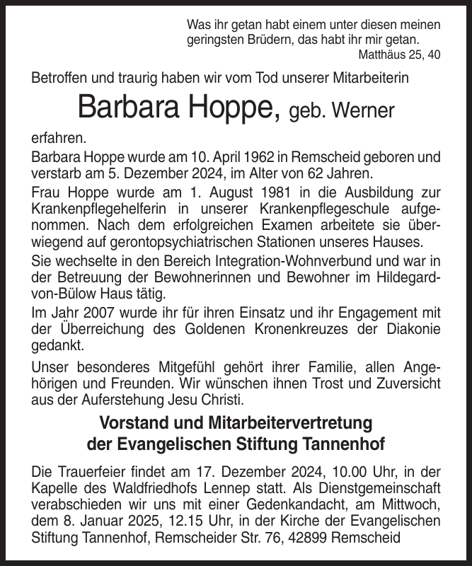 Barbara Hoppe: Traueranzeige : Remscheider General-Anzeiger
