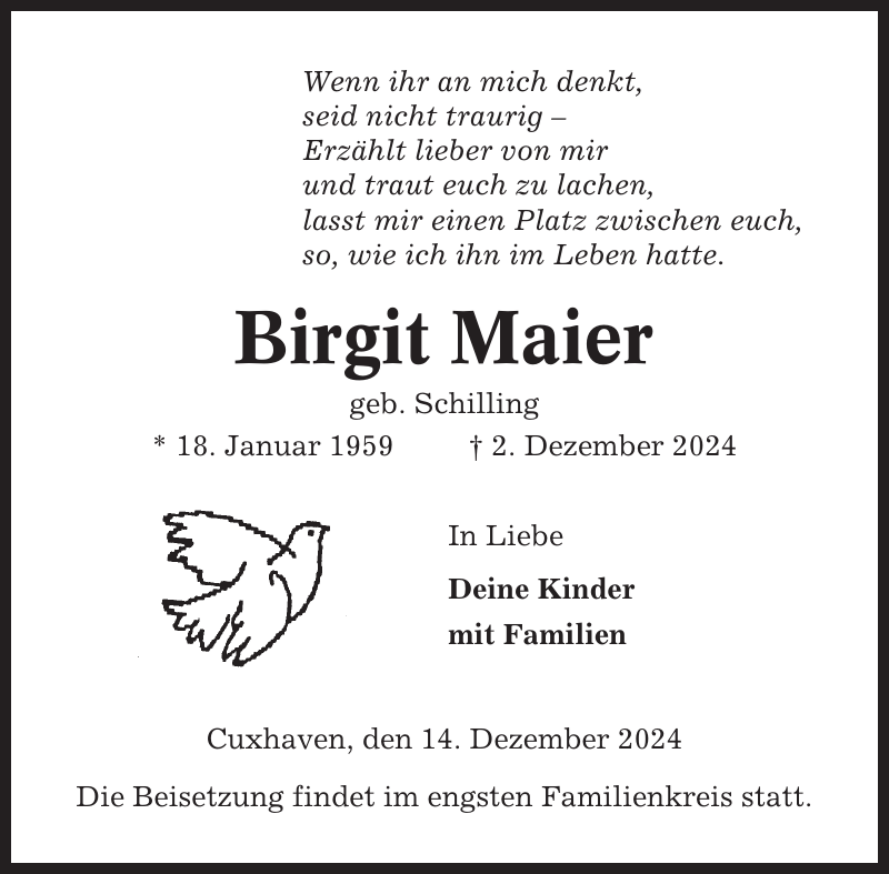 Birgit Maier: Traueranzeige : Cuxhavener Nachrichten