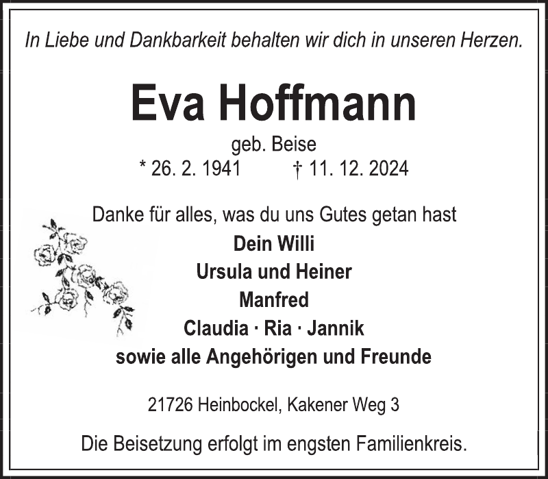 Eva Hoffmann: Traueranzeige : Stader Tageblatt