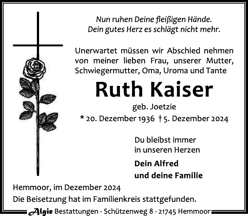 Ruth Kaiser: Traueranzeige : Niederelbe-Zeitung