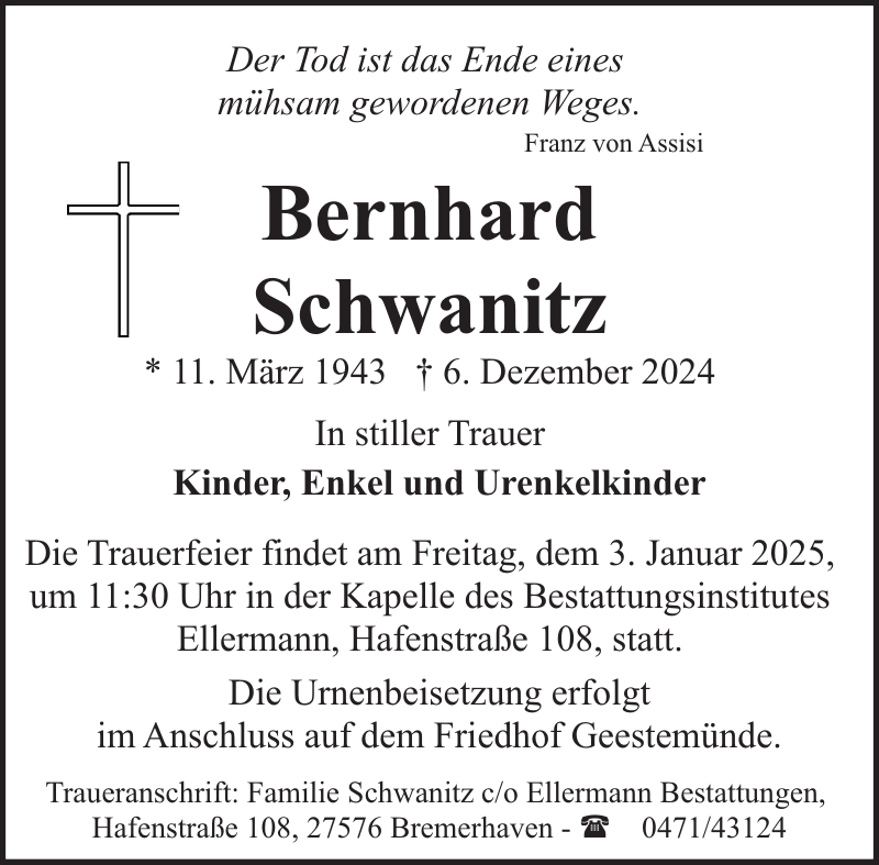 Bernhard Schwanitz: Gedenken : Nordsee-Zeitung