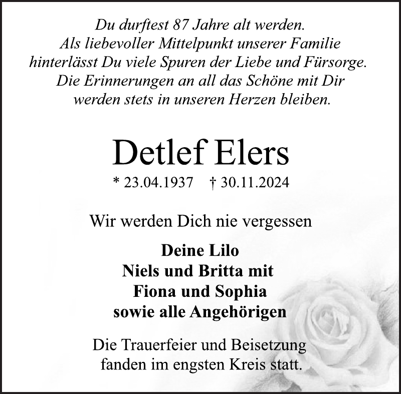 Detlef Elers: Traueranzeige : Stader Tageblatt