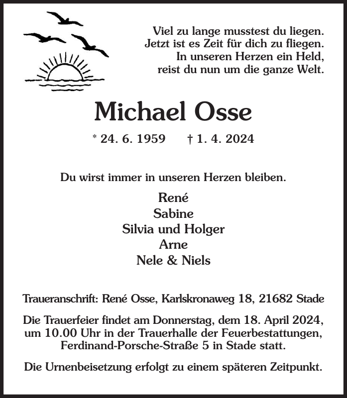 Michael Osse: Traueranzeige : Stader Tageblatt