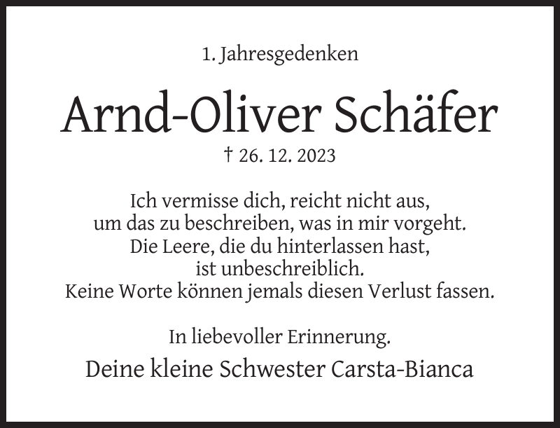 Jahresdged. Arnd-O. Schäfer: Traueranzeige : Remscheider General-Anzeiger