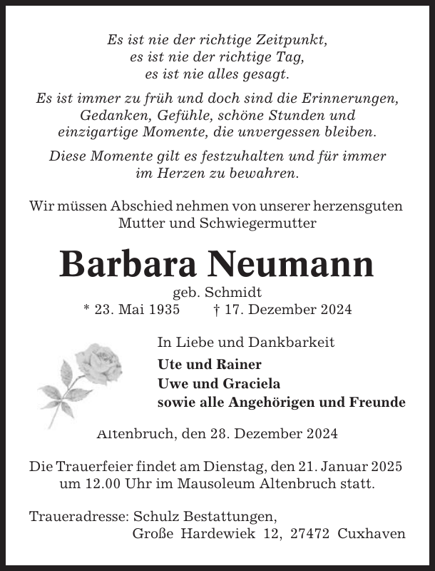 Barbara Neumann: Traueranzeige : Cuxhavener Nachrichten