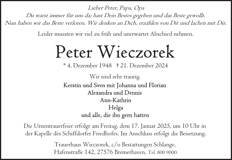 Peter Papa Opa: Gedenken : Nordsee-Zeitung