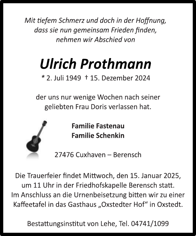 Ulrich Prothmann: Traueranzeige : Cuxhavener Nachrichten