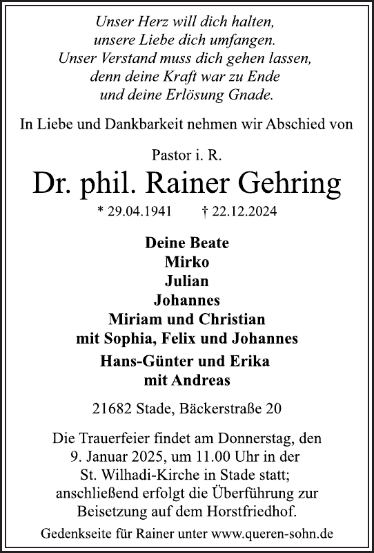Dr. phil. Rainer Gehring: Traueranzeige : Stader Tageblatt
