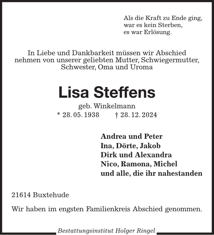 Lisa Steffens: Traueranzeige : Stader Tageblatt