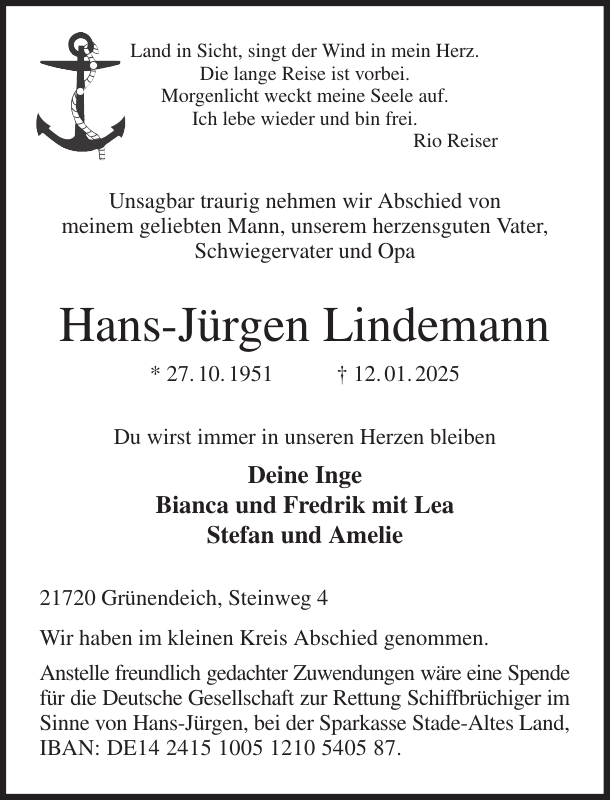 Hans-Jürgen Lindemann: Traueranzeige : Stader Tageblatt