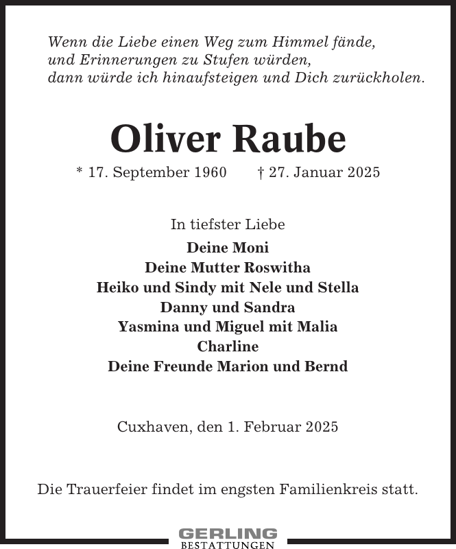 Oliver Raube: Traueranzeige : Cuxhavener Nachrichten