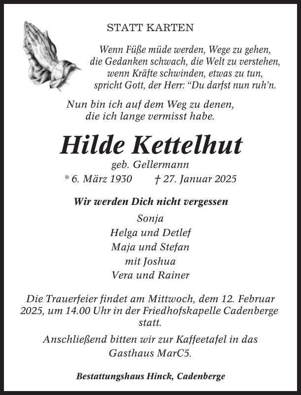 Hilde Kettelhut: Traueranzeige : Niederelbe-Zeitung