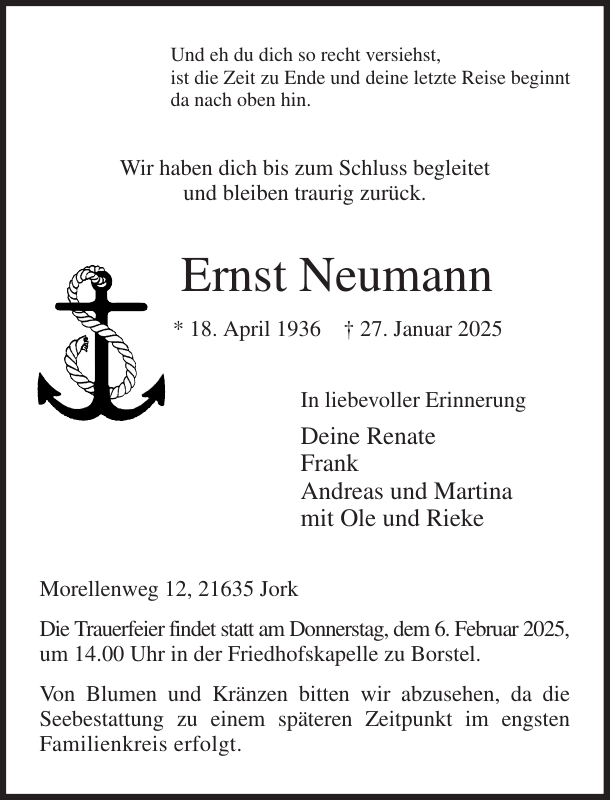 Ernst Neumann: Traueranzeige : Stader Tageblatt