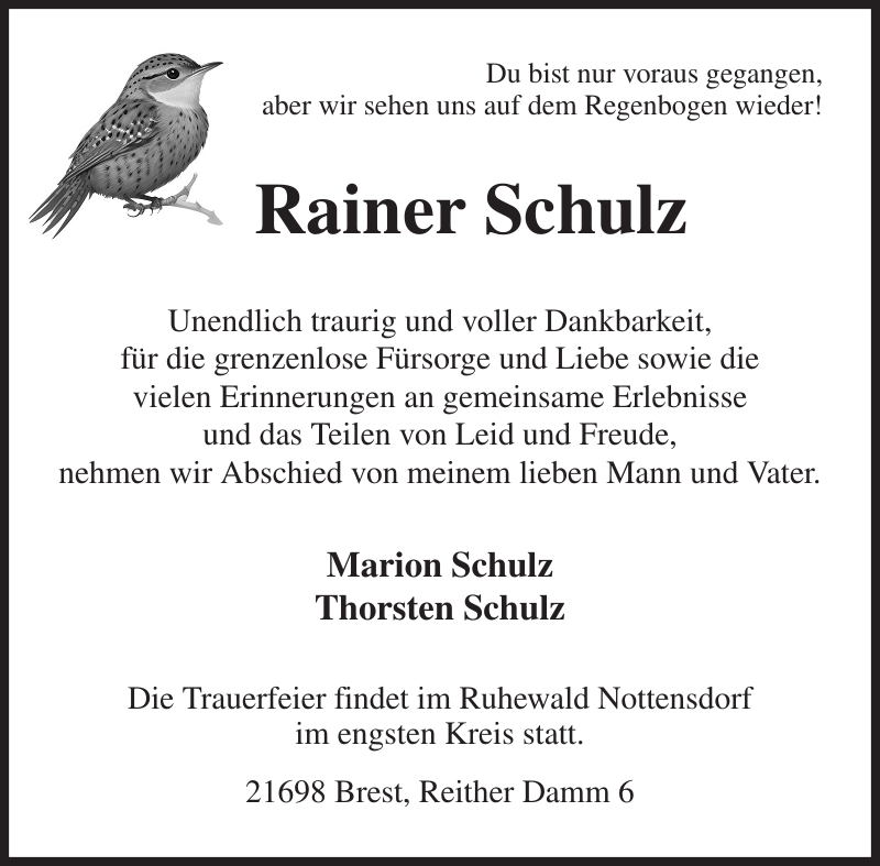 Rainer Schulz: Traueranzeige : Stader Tageblatt