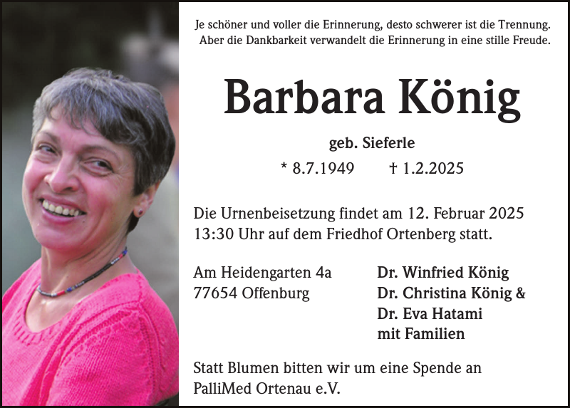 Barbara König: Traueranzeige : Badische Zeitung