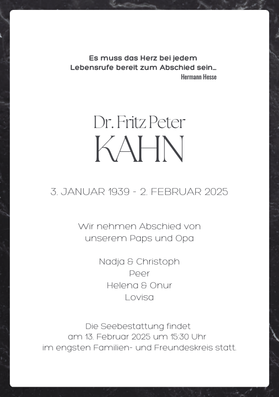 Dr. Fritz Peter Kahn: Traueranzeige : Cuxhavener Nachrichten