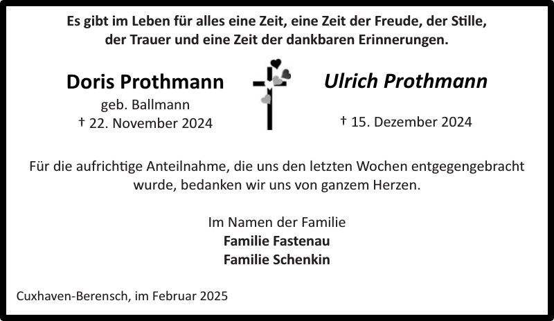 Doris und Ulrich Porthman: Danksagung : Cuxhavener Nachrichten