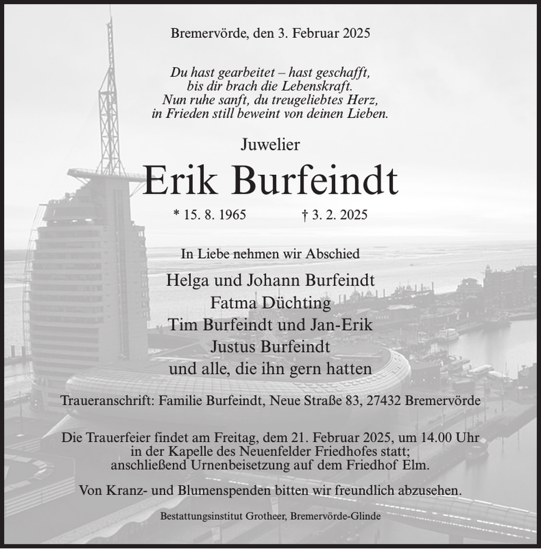 Erik Burfeindt: Gedenken : Bremervörder Zeitung