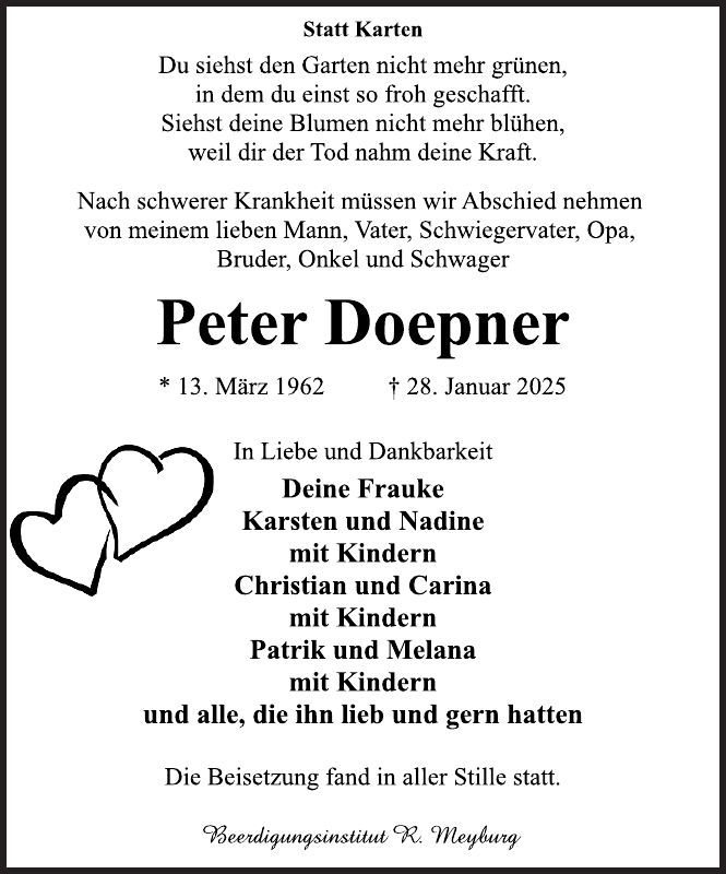 Peter Doepner: Traueranzeige : Stader Tageblatt