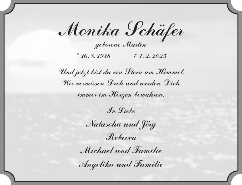 Nachruf Monika Schäfer: Traueranzeige : Remscheider General-Anzeiger