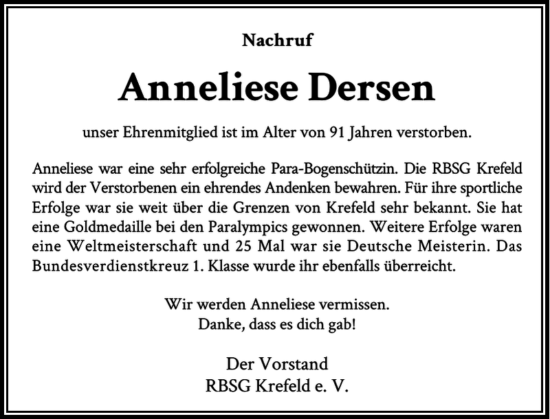 Anneliese Dersen: Nachruf : Westdeutsche Zeitung