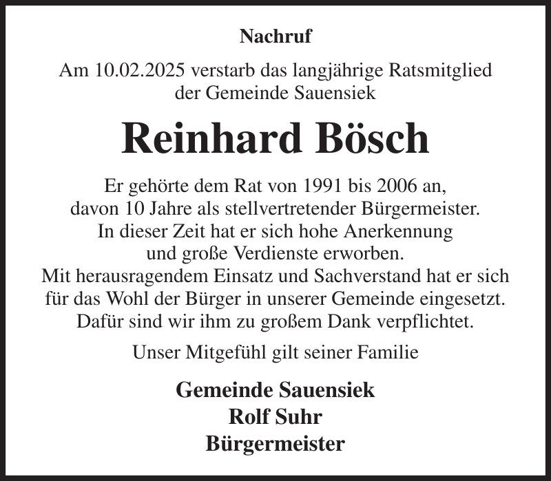 Reinhard Bösch: Nachruf : Stader Tageblatt